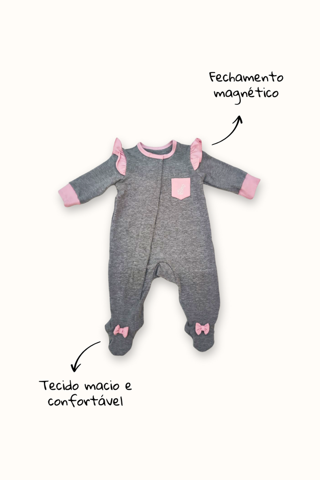 Macacão Magnético Mescla com detalhes Rosa Bebê